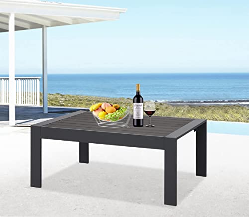 Odoor Direct Patio Furniture Aluminum Coffee Table, All-Weather Metal Rectangle Patio Table with Imitation Wood Tabletop, Dark Grey