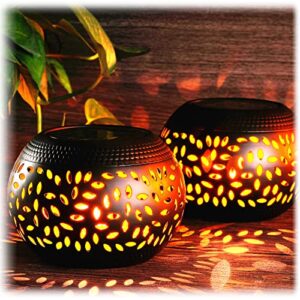 2 pcs solar table lantern outdoor waterproof flickering flame solar powered led light black decorative metal outdoor lamp for outside indoor desk tabletop bedroom patio garden pathway yard