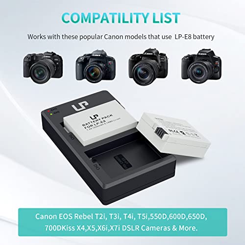 LP-E8 Battery Charger Pack, LP 2-Pack Battery & Dual Slot Charger, Compatible with Canon EOS Rebel T2i, T3i, T4i, T5i, 550D, 600D, 650D, 700D, Kiss X4, X5, X6i, X7i Cameras &More(Not for T2 T3 T4 T5)