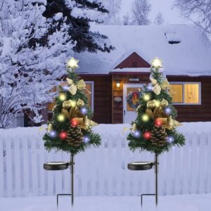 2 pack solar christmas tree light smart pathway light sensing lawn lamp outdoor waterproof garden lights led pine cones yard landscape xmas decor