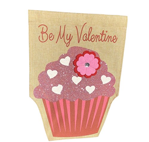 Happy Valentine's Day Garden Flag - Be My Valentine Burlap Flag – One Sided Yard Décor Decoration - Glitter Cupcake & Flower Applique Design - 12" x 17" size - by Jolly Jon