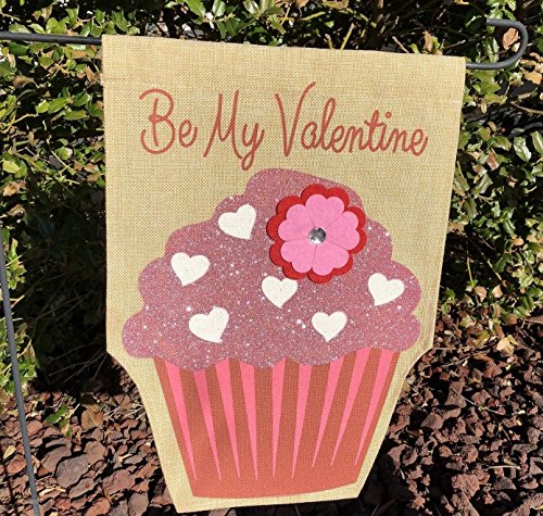 Happy Valentine's Day Garden Flag - Be My Valentine Burlap Flag – One Sided Yard Décor Decoration - Glitter Cupcake & Flower Applique Design - 12" x 17" size - by Jolly Jon