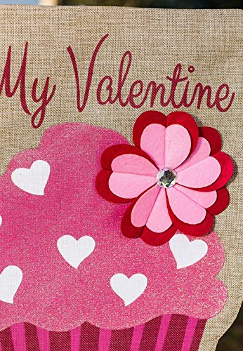 Happy Valentine's Day Garden Flag - Be My Valentine Burlap Flag – One Sided Yard Décor Decoration - Glitter Cupcake & Flower Applique Design - 12" x 17" size - by Jolly Jon