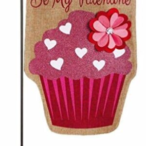 Happy Valentine's Day Garden Flag - Be My Valentine Burlap Flag – One Sided Yard Décor Decoration - Glitter Cupcake & Flower Applique Design - 12" x 17" size - by Jolly Jon