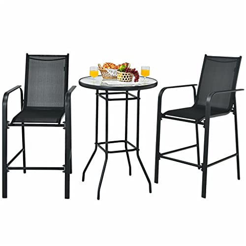 LIRUXUN 3 PCS Outdoor Patio Bar Table Stool Set Height Tempered Glass Top Suitable for Garden, Patio, Poolside, Backyard and More