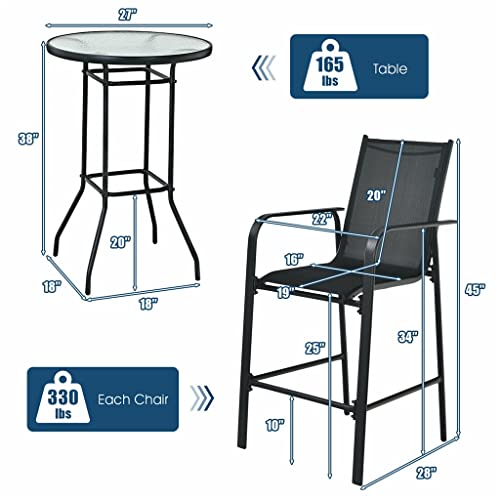 LIRUXUN 3 PCS Outdoor Patio Bar Table Stool Set Height Tempered Glass Top Suitable for Garden, Patio, Poolside, Backyard and More