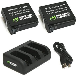 wasabi power hero4 battery (x2) and usb triple charger for gopro ahdbt-401, hero 4