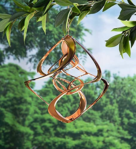 Wind & Weather Copper-Plated Dual Spiral Hanging Metal Wind Spinner, Steel, Ultra-Sensitive, Double Spinner, Kinetic Garden Art, Spinner 10" Dia. x 11" H, Chain 3" H