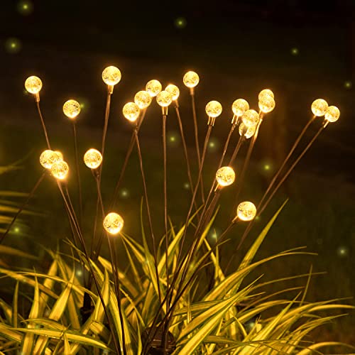 KHTO Solar Firefly Lights Outdoor Waterproof，Solar Crystal Ball Starburst Swaying Garden Decorative Lights for Yard Patio Pathway Decoration (2Pack-Warm White)