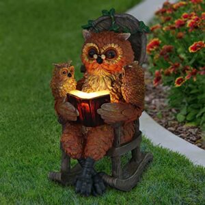 Exhart Garden Sculpture, Solar Owl Family Reading Garden Statue in Rocking Chair, LED Book, Outdoor Garden Decoration, 10 x 12 Inch