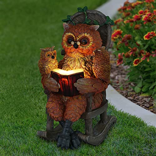 Exhart Garden Sculpture, Solar Owl Family Reading Garden Statue in Rocking Chair, LED Book, Outdoor Garden Decoration, 10 x 12 Inch