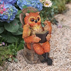 Exhart Garden Sculpture, Solar Owl Family Reading Garden Statue in Rocking Chair, LED Book, Outdoor Garden Decoration, 10 x 12 Inch