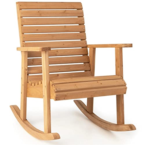 PDGJG Patio Wooden Rocking Chair High Back Fir Armchair Garden Yard