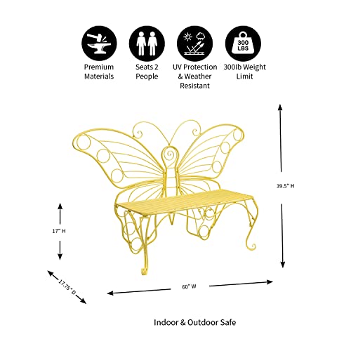 Plow & Hearth Weatherproof Butterfly Outdoor Bench | Holds Up to 300 lbs | Garden Patio Porch Park Deck | Metal | Yellow