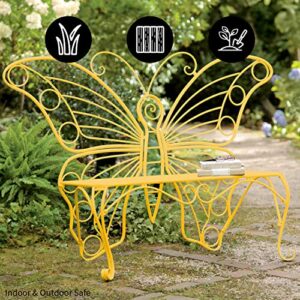 Plow & Hearth Weatherproof Butterfly Outdoor Bench | Holds Up to 300 lbs | Garden Patio Porch Park Deck | Metal | Yellow