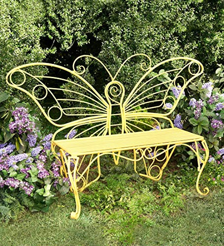 Plow & Hearth Weatherproof Butterfly Outdoor Bench | Holds Up to 300 lbs | Garden Patio Porch Park Deck | Metal | Yellow