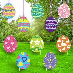 watinc 10pcs easter yard sign hanging ornaments bunny eggs flower heart star outdoor lawn signs hunt games spring party decorations photo props for outside garden tree wall with stakes & ribbons