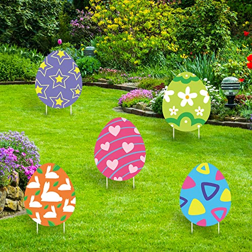 WATINC 10Pcs Easter Yard Sign Hanging Ornaments Bunny Eggs Flower Heart Star Outdoor Lawn Signs Hunt Games Spring Party Decorations Photo Props for Outside Garden Tree Wall with Stakes & Ribbons