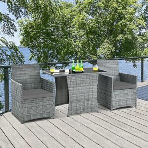 CXDTBH 3PCS Patio Rattan Furniture Set Cushioned Sofa Armrest Garden Gray Coffee Table Chairs