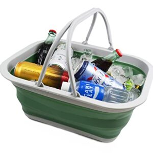 SAMMART 15L (4 Gallon) Collapsible Basket with Handle - Portable Outdoor Picnic Basket/Crater - Foldable Shopping Bag - Space Saving Storage Container (Grey/Dark Sea Green, 1)