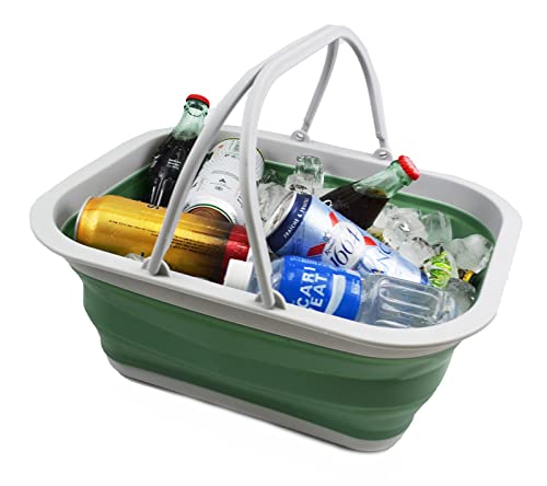 SAMMART 15L (4 Gallon) Collapsible Basket with Handle - Portable Outdoor Picnic Basket/Crater - Foldable Shopping Bag - Space Saving Storage Container (Grey/Dark Sea Green, 1)