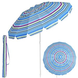 TANGKULA 8FT Beach Umbrella, Portable Beach Umbrella W/Sand Anchor & Tilt Mechanism, 16 Sturdy Fiberglass Ribs, Outdoor Sunshade Umbrella W/Carrying Bag for Garden, Patio, Beach, Outdoor (Blue)