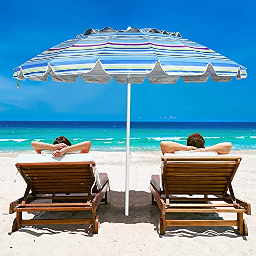 TANGKULA 8FT Beach Umbrella, Portable Beach Umbrella W/Sand Anchor & Tilt Mechanism, 16 Sturdy Fiberglass Ribs, Outdoor Sunshade Umbrella W/Carrying Bag for Garden, Patio, Beach, Outdoor (Blue)