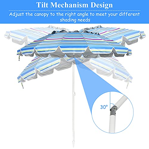 TANGKULA 8FT Beach Umbrella, Portable Beach Umbrella W/Sand Anchor & Tilt Mechanism, 16 Sturdy Fiberglass Ribs, Outdoor Sunshade Umbrella W/Carrying Bag for Garden, Patio, Beach, Outdoor (Blue)