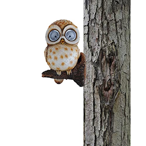 Whimsical Garden Decor Tree Hugger Outdoor, Glowing Owl Tree Hugger, Solar Owl Yard Sculptures Statues Tree Face Peeker Decorations for Garden Christmas Housewarming, Bird Collector's Gift (Brown)