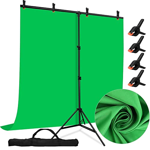 Green Screen Backdrop with Stand Kit, 5.2 X 6.5 FT Chromakey GreenScreen Photography Background with Adjustable T-Shaped Stand & 4 Clamps for Photoshoot Video Streaming Gaming Zoom Online Meeting