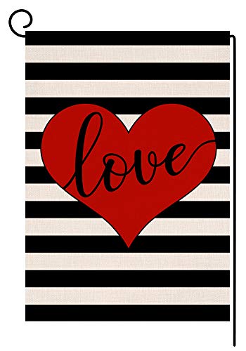 Valentine's Day Love Spring Garden Flag Vertical Double Sided Red Stripe Burlap Yard Outdoor Decor 12.5 x 18 Inches