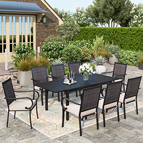 HERA'S HOUSE 9 Pieces Wicker Patio Dining Set, 8 x Rattan Dining Chair, 1 x Extendable Metal Dining Table, All Weather Resistant Outdoor Furniture Set for 8 for Lawn Garden Backyard