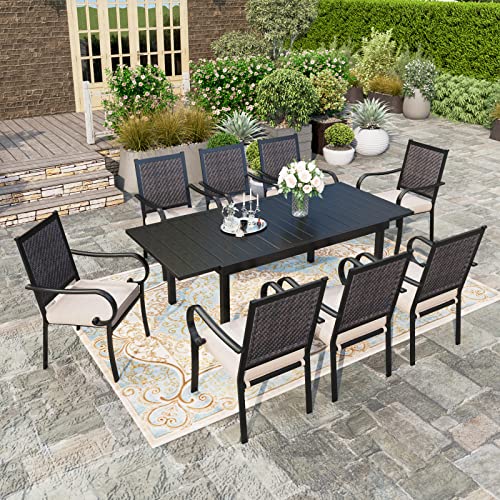 HERA'S HOUSE 9 Pieces Wicker Patio Dining Set, 8 x Rattan Dining Chair, 1 x Extendable Metal Dining Table, All Weather Resistant Outdoor Furniture Set for 8 for Lawn Garden Backyard