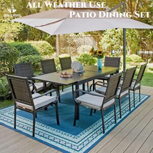 HERA'S HOUSE 9 Pieces Wicker Patio Dining Set, 8 x Rattan Dining Chair, 1 x Extendable Metal Dining Table, All Weather Resistant Outdoor Furniture Set for 8 for Lawn Garden Backyard