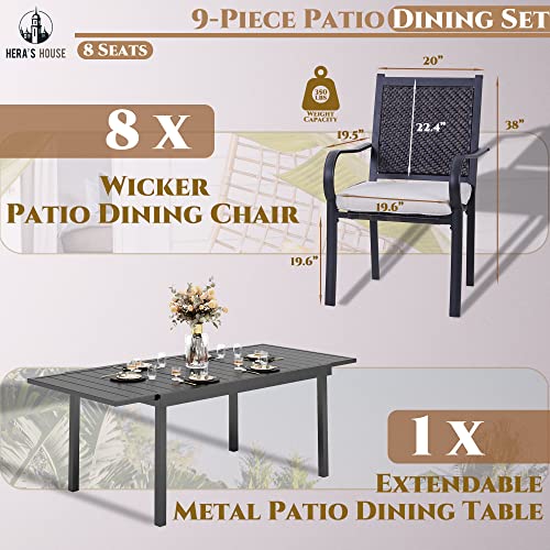 HERA'S HOUSE 9 Pieces Wicker Patio Dining Set, 8 x Rattan Dining Chair, 1 x Extendable Metal Dining Table, All Weather Resistant Outdoor Furniture Set for 8 for Lawn Garden Backyard