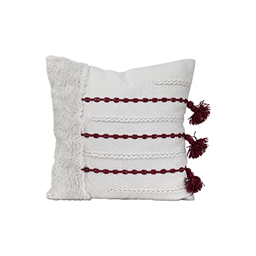 Foreside Home & Garden White Striped Woven 20x20 Outdoor Decorative Throw Pillow with Hand Tied Tassels, 20 x 20 x 5