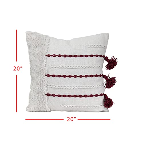 Foreside Home & Garden White Striped Woven 20x20 Outdoor Decorative Throw Pillow with Hand Tied Tassels, 20 x 20 x 5