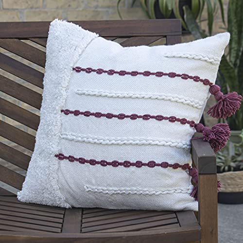 Foreside Home & Garden White Striped Woven 20x20 Outdoor Decorative Throw Pillow with Hand Tied Tassels, 20 x 20 x 5