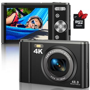 digital camera, 4k 48mp vlogging camera compact pocket camera with 16x zoom 32gb sd card, point and shoot camera for adult seniors students kids beginner(black)