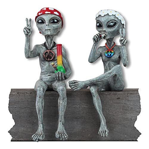 “Hippie and Stoner” Alien Statues Couple Hippie Pot Smoking Marijuana Weed 10 “ H Alien Figurines Shelf Sitters Indoor/Outdoor Funny Home Patio or Garden Decoration – Set of 2 (Alien Gray)