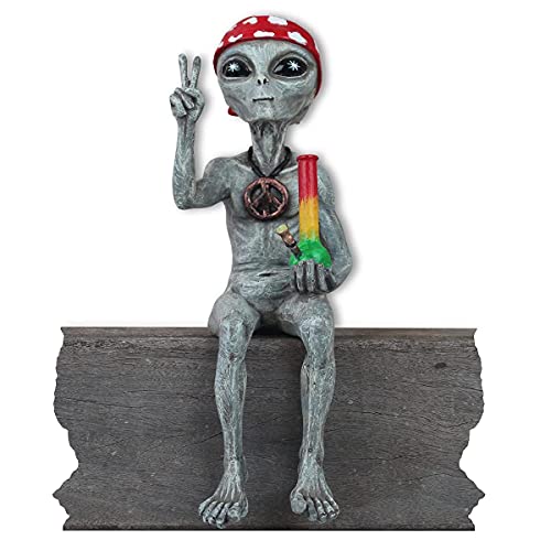 “Hippie and Stoner” Alien Statues Couple Hippie Pot Smoking Marijuana Weed 10 “ H Alien Figurines Shelf Sitters Indoor/Outdoor Funny Home Patio or Garden Decoration – Set of 2 (Alien Gray)