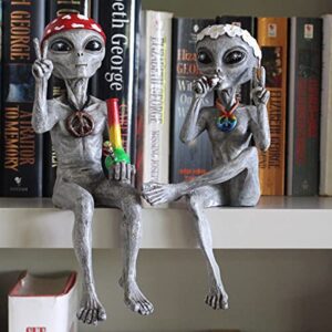 “Hippie and Stoner” Alien Statues Couple Hippie Pot Smoking Marijuana Weed 10 “ H Alien Figurines Shelf Sitters Indoor/Outdoor Funny Home Patio or Garden Decoration – Set of 2 (Alien Gray)