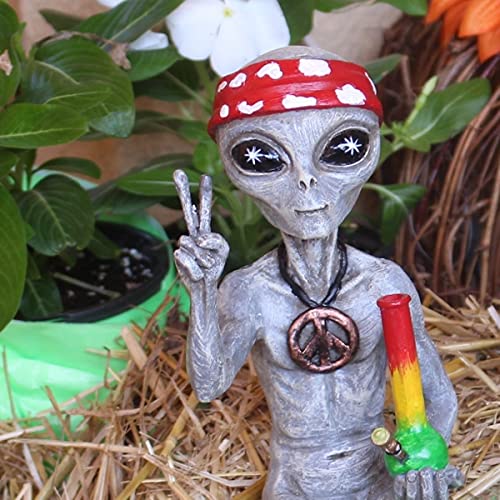 “Hippie and Stoner” Alien Statues Couple Hippie Pot Smoking Marijuana Weed 10 “ H Alien Figurines Shelf Sitters Indoor/Outdoor Funny Home Patio or Garden Decoration – Set of 2 (Alien Gray)