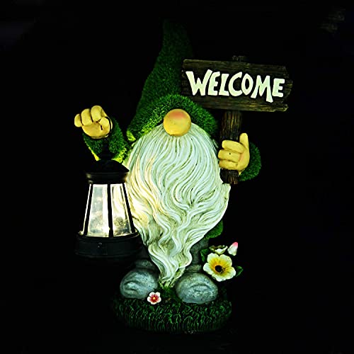 LUOZZY Flocked Garden Gnomes Statues with Solar Lights Garden Welcome Statue for Garden Yard Decorations