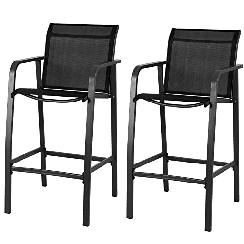 MAMIZO Outdoor Bar Stools Set of 2, Bar Chairs with Footrest and Armrest, Bar Height Patio Stools with High Back for Garden, Courtyard, Pool, Deck, All-Weather Textilene Patio Furniture Set,Bar chairs