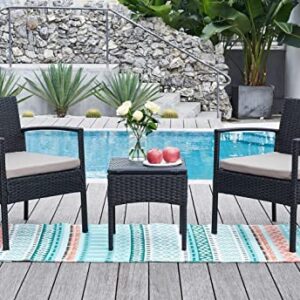 3 Piece Patio Conversation Furniture Set, Porch Furniture Rattan Bistro Sets, Patio Set Wicker Outdoor Chairs and Table Set with Coffee Table and Cushions for Yard Poolside Backyard, Brown