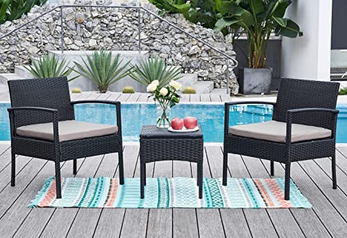 3 Piece Patio Conversation Furniture Set, Porch Furniture Rattan Bistro Sets, Patio Set Wicker Outdoor Chairs and Table Set with Coffee Table and Cushions for Yard Poolside Backyard, Brown