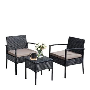 3 Piece Patio Conversation Furniture Set, Porch Furniture Rattan Bistro Sets, Patio Set Wicker Outdoor Chairs and Table Set with Coffee Table and Cushions for Yard Poolside Backyard, Brown