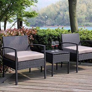 3 Piece Patio Conversation Furniture Set, Porch Furniture Rattan Bistro Sets, Patio Set Wicker Outdoor Chairs and Table Set with Coffee Table and Cushions for Yard Poolside Backyard, Brown