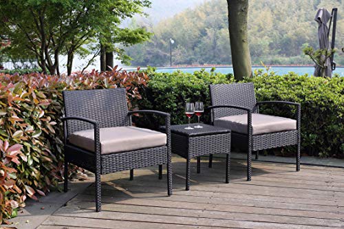 3 Piece Patio Conversation Furniture Set, Porch Furniture Rattan Bistro Sets, Patio Set Wicker Outdoor Chairs and Table Set with Coffee Table and Cushions for Yard Poolside Backyard, Brown